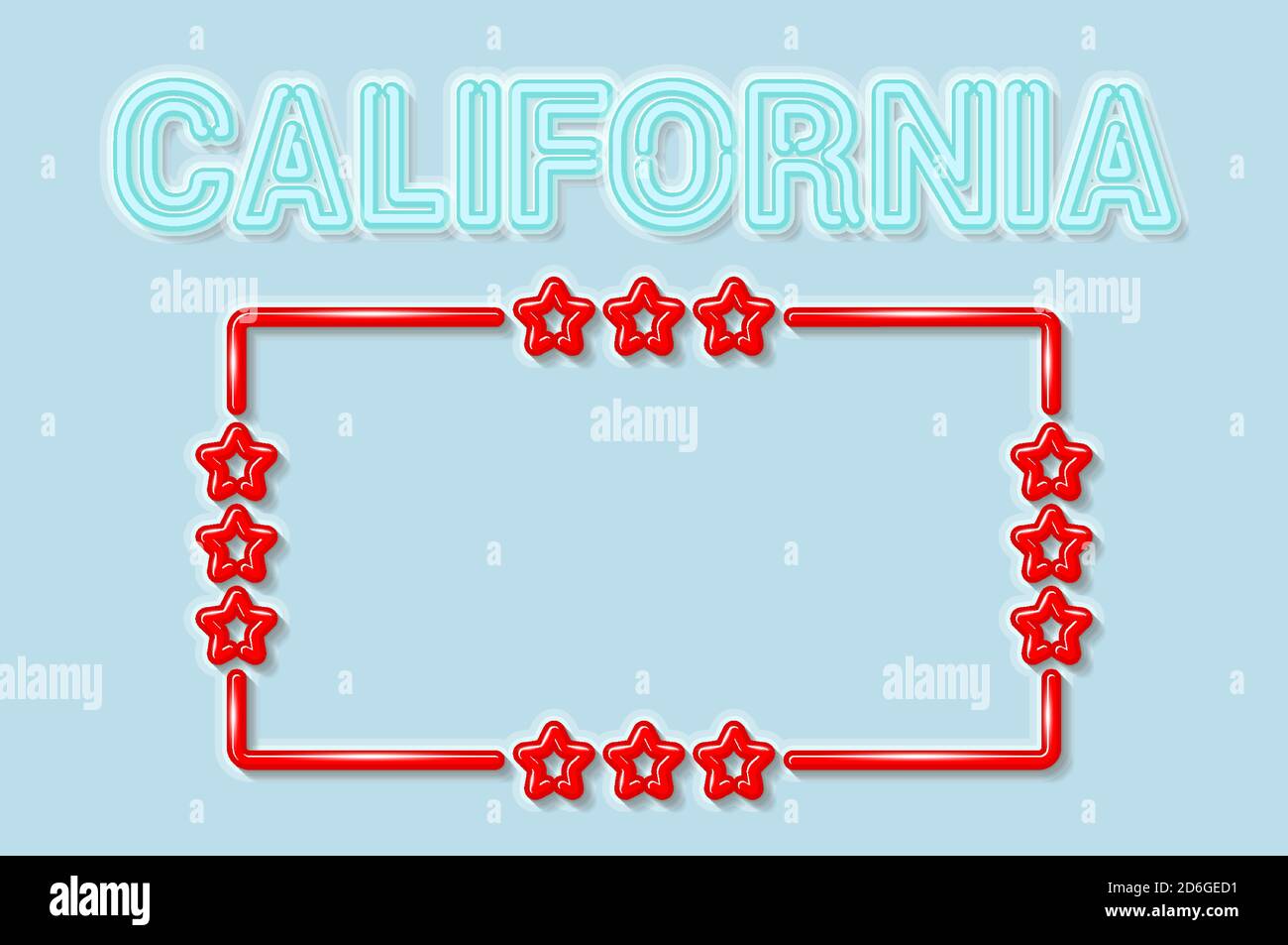 California US state soft blue neon letters lights off. Glossy red frame ...