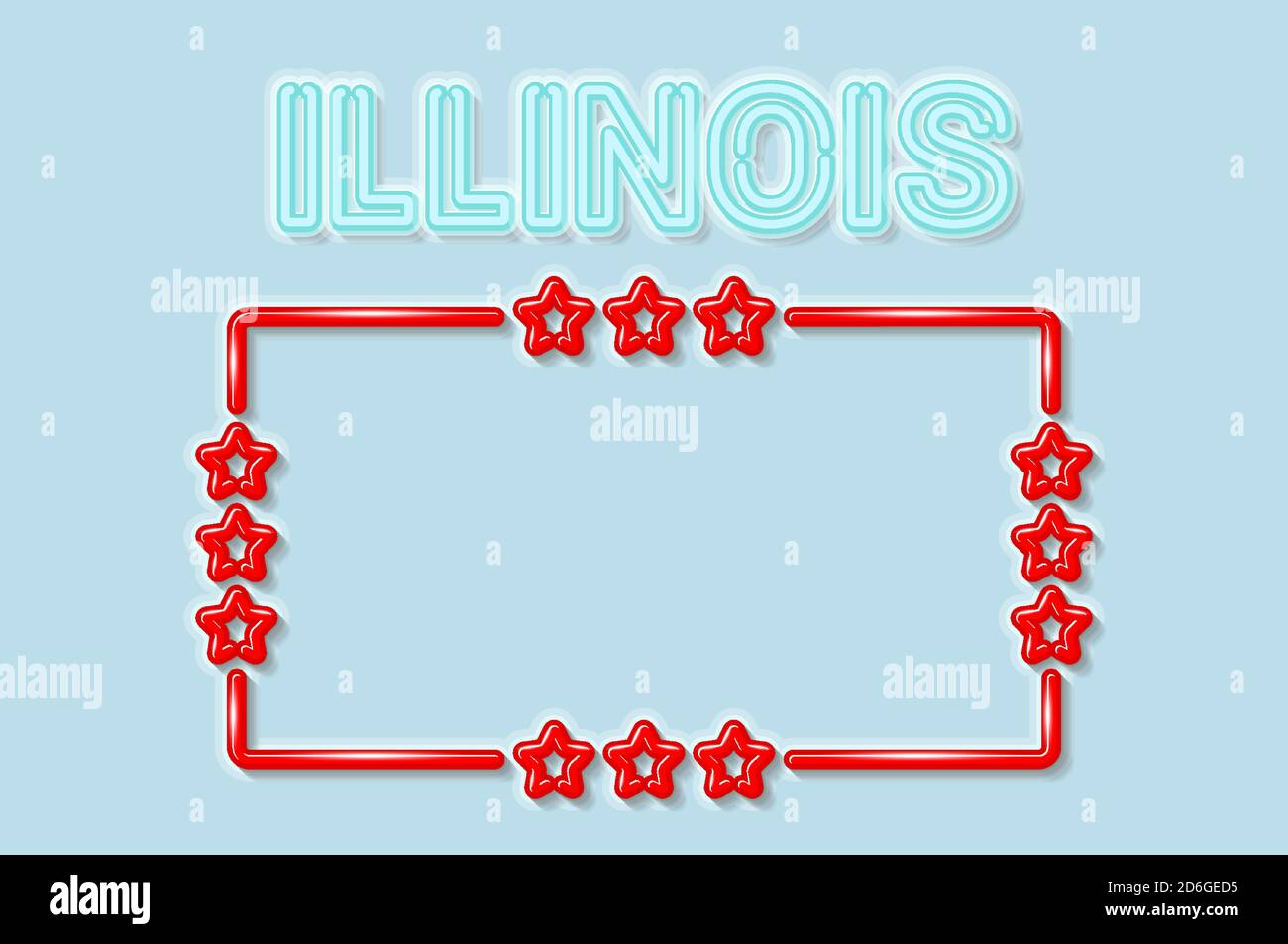 Illinois US state soft blue neon letters lights off. Glossy red frame ...