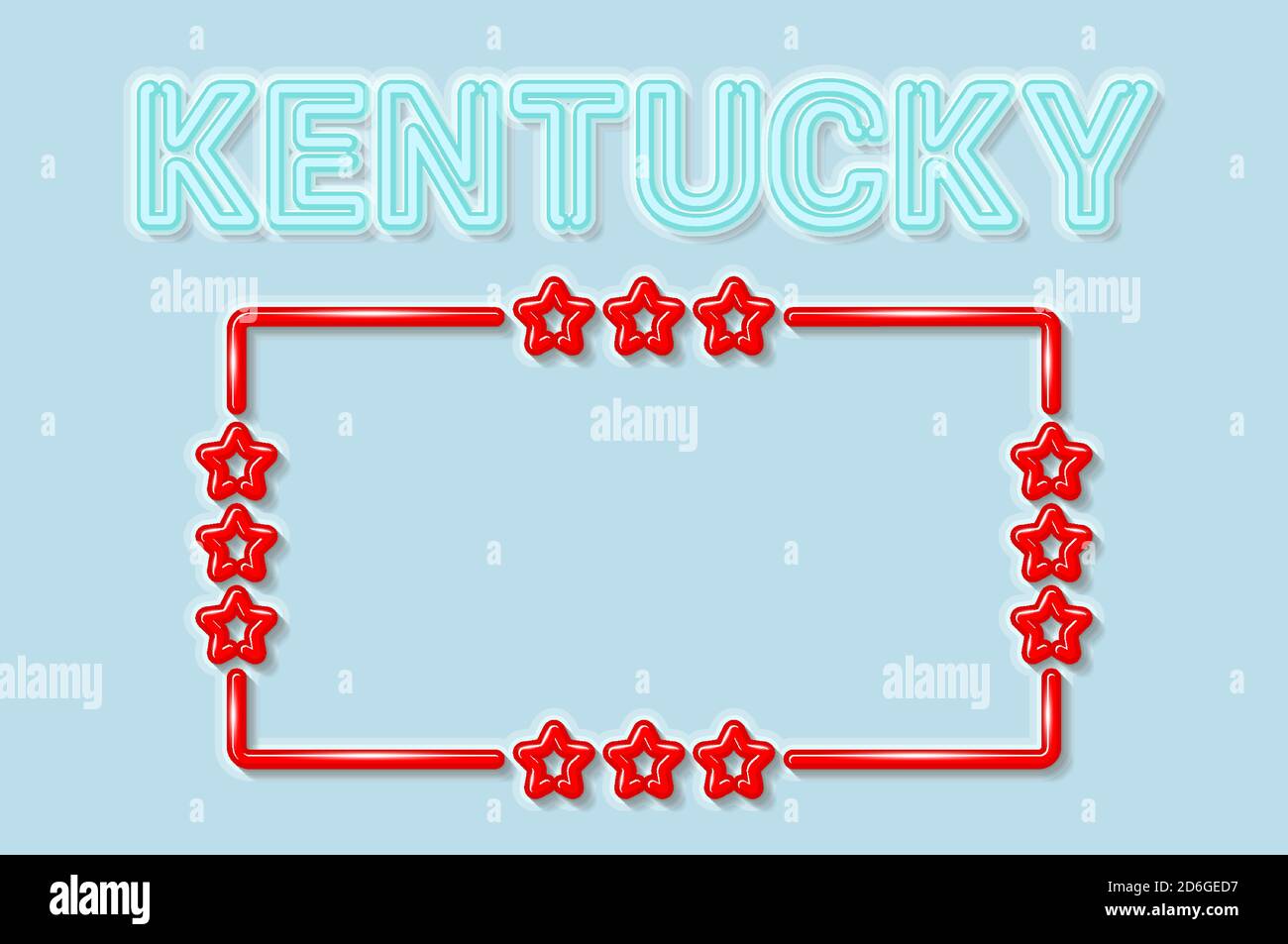 Kentucky US state soft blue neon letters lights off. Glossy red frame ...