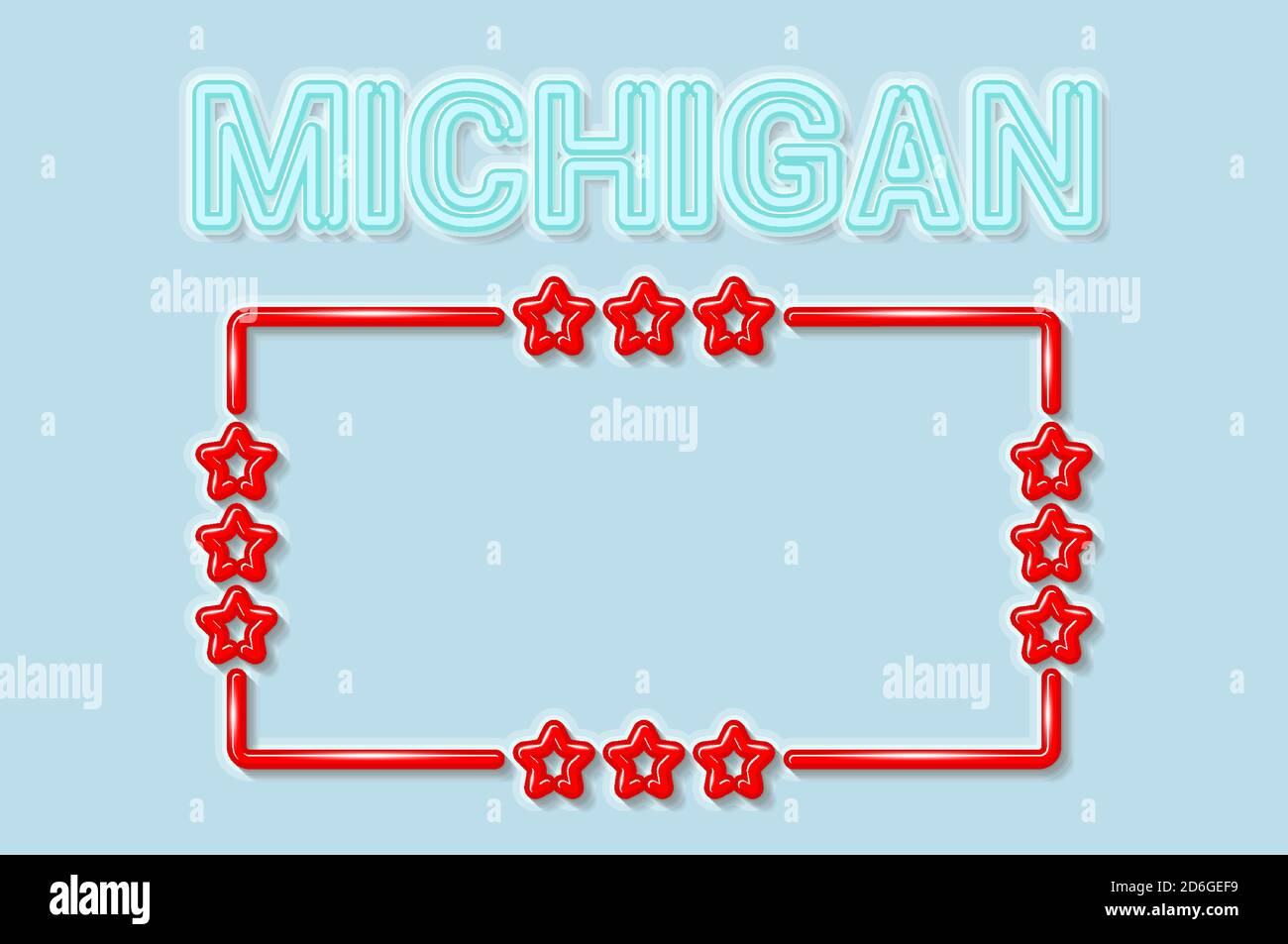 Michigan US state soft blue neon letters lights off. Glossy red frame ...