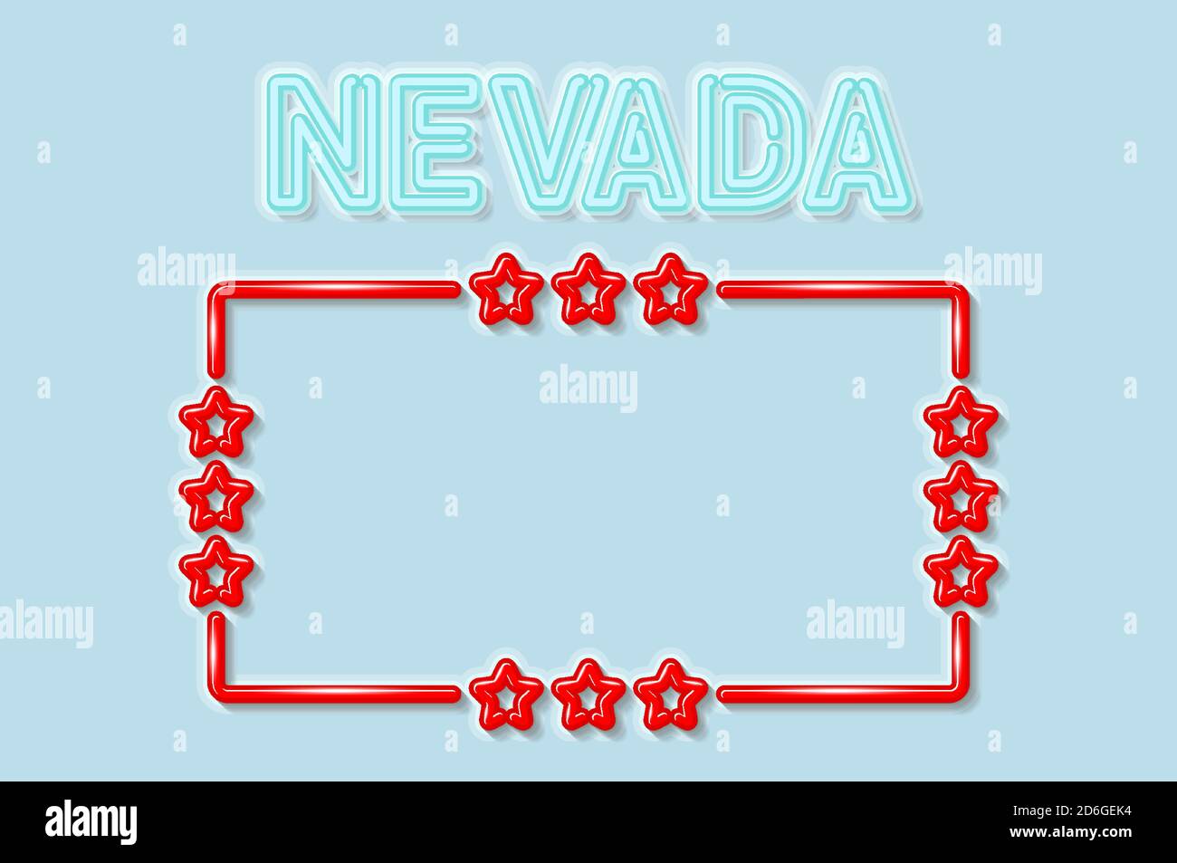 Nevada US state soft blue neon letters lights off. Glossy red frame ...