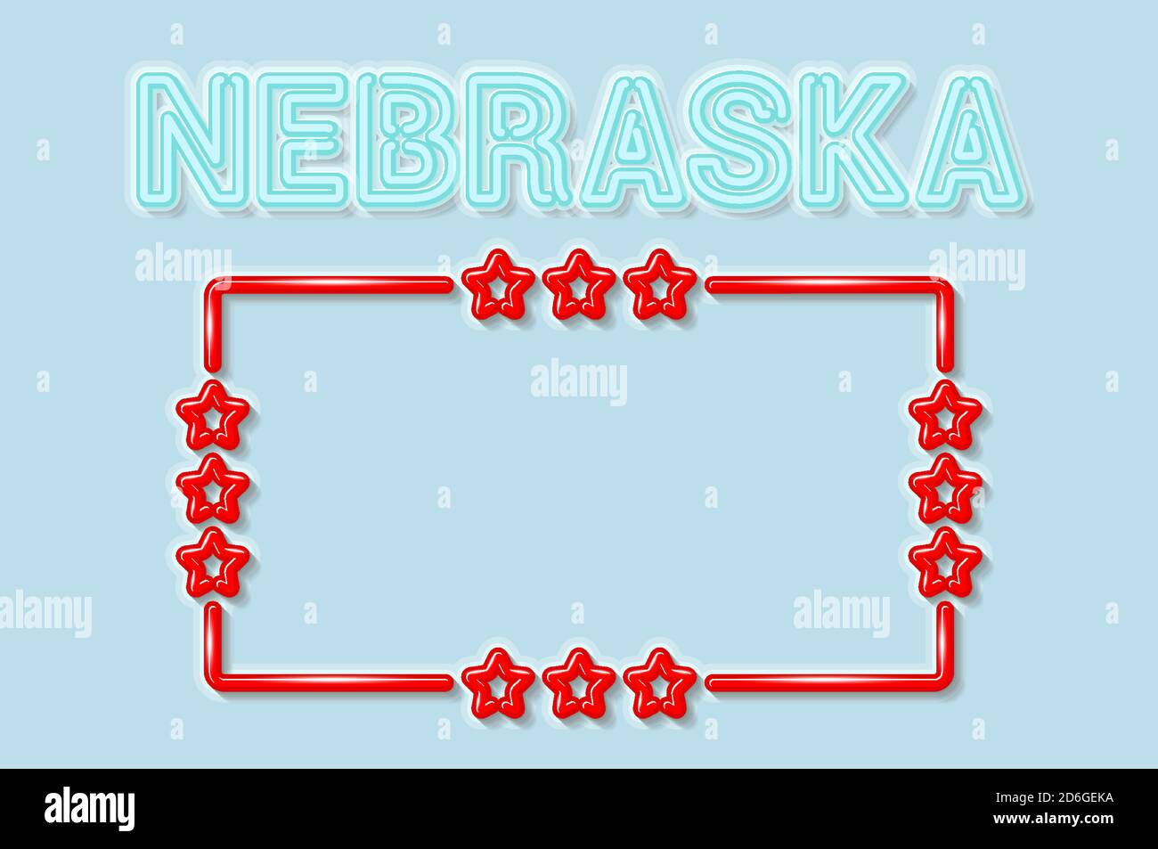Nebraska US state soft blue neon letters lights off. Glossy red frame ...