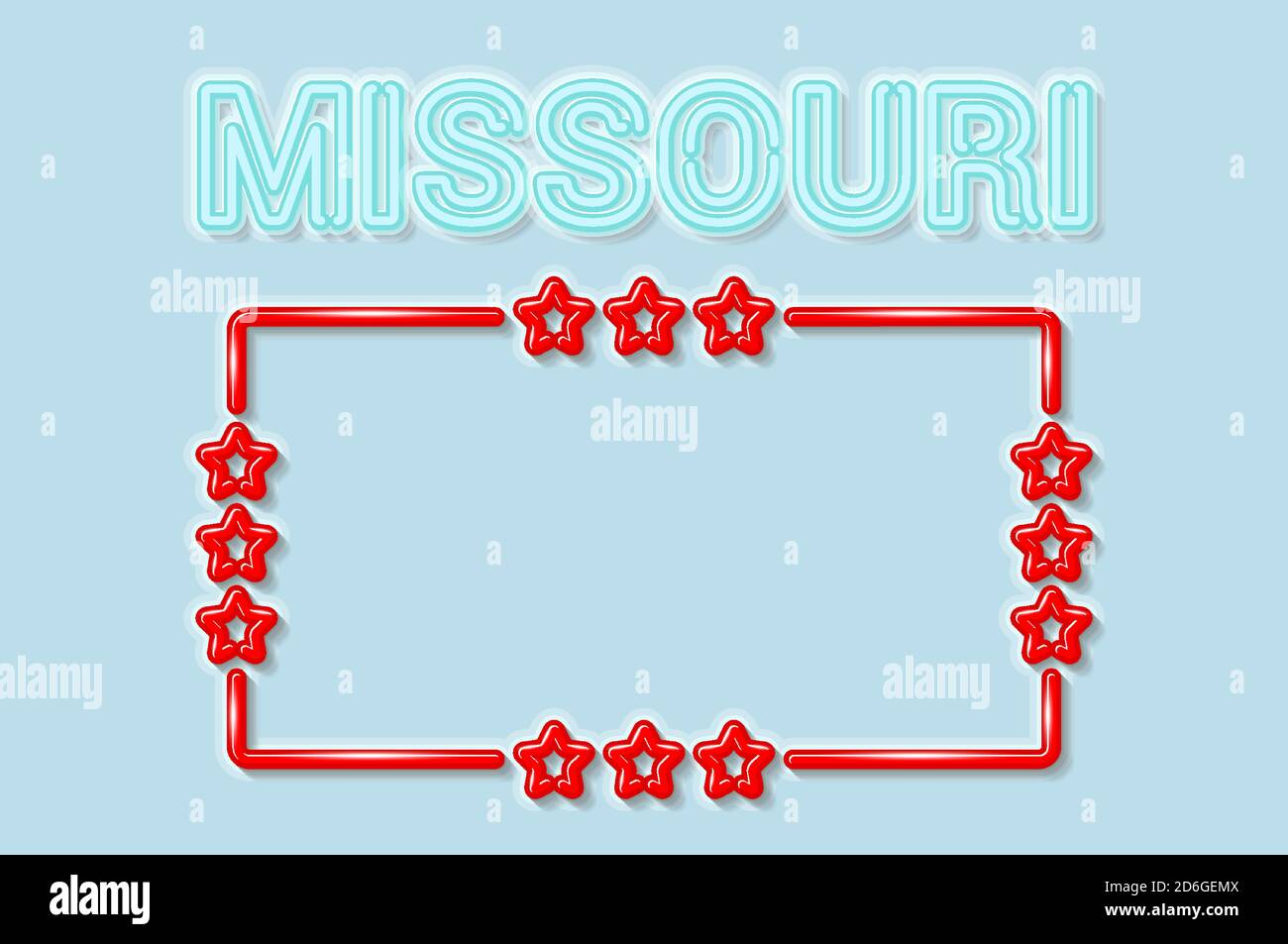 Missouri US state soft blue neon letters lights off. Glossy red frame ...
