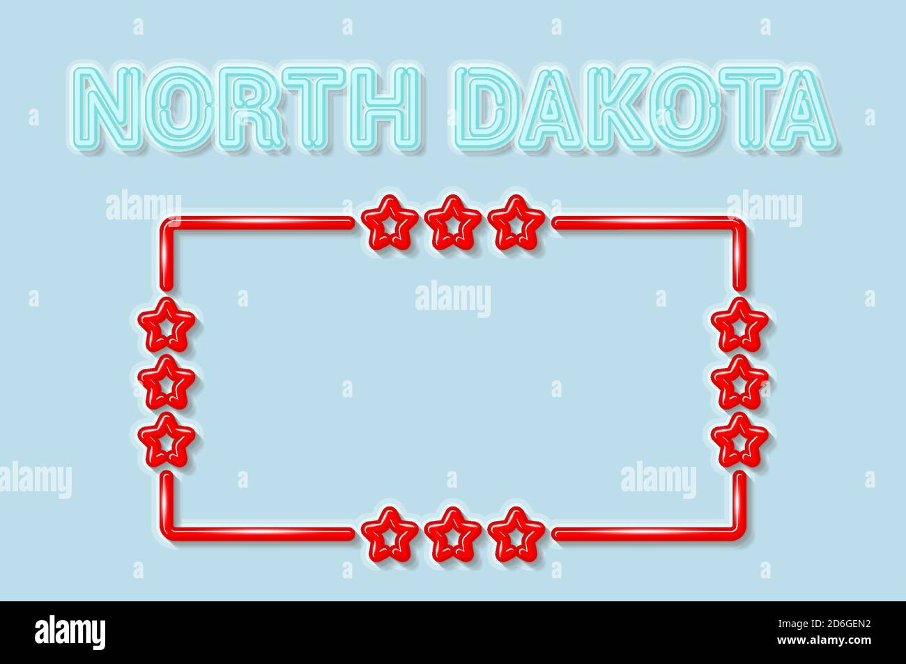 North Dakota US state soft blue neon letters lights off. Glossy red ...