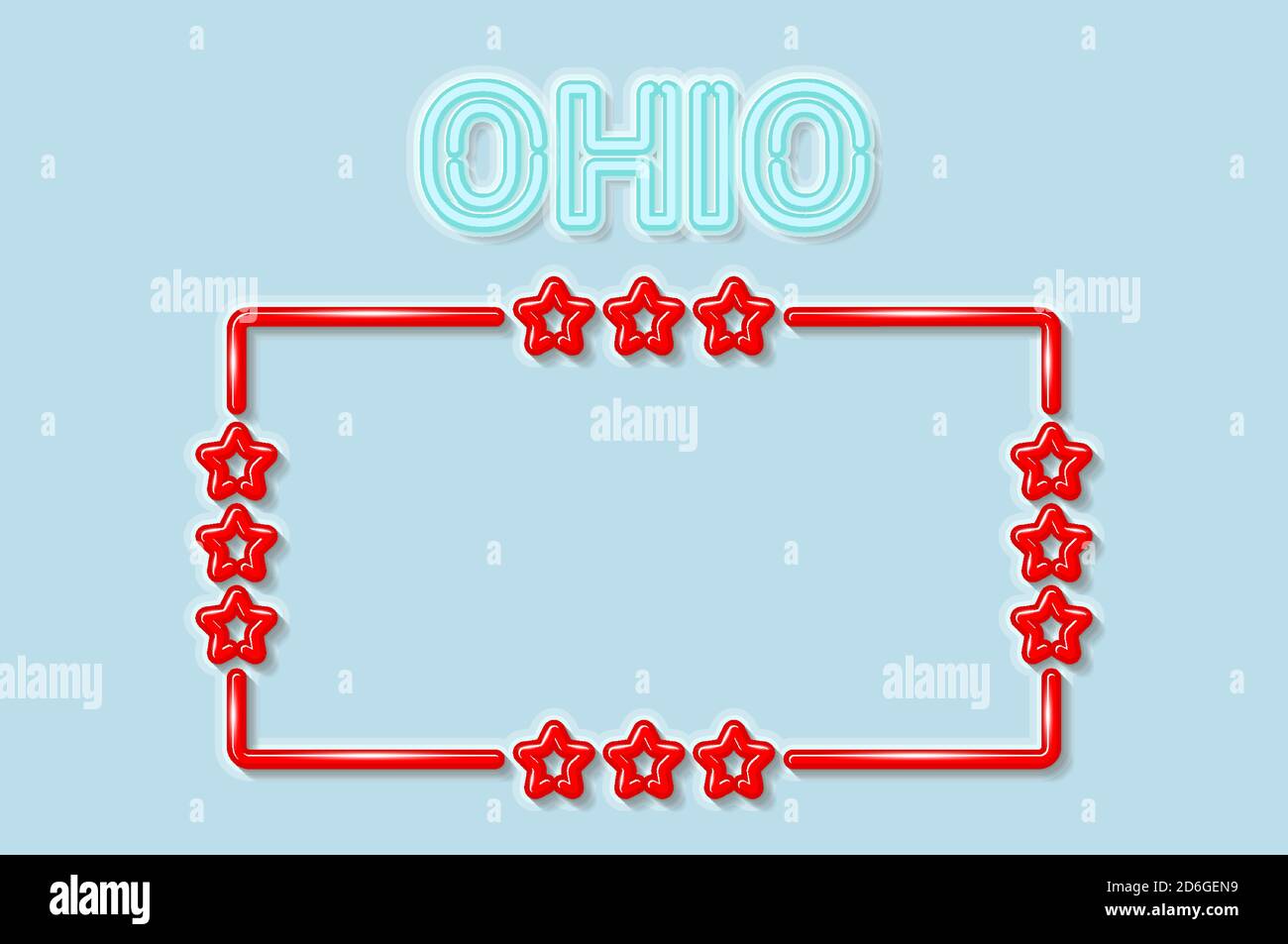 Ohio US state soft blue neon letters lights off. Glossy red frame with ...