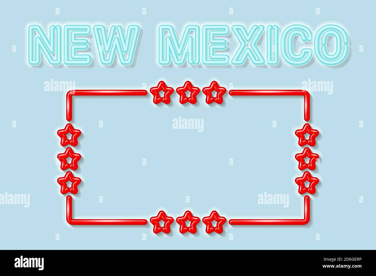 New Mexico US state soft blue neon letters lights off. Glossy red frame ...