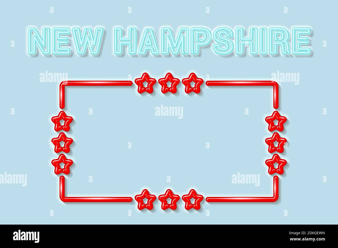 New Hampshire US state soft blue neon letters lights off. Glossy red ...