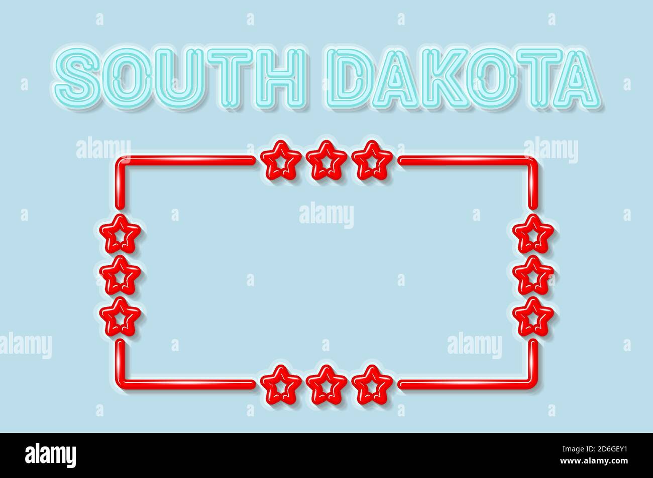 South Dakota US state soft blue neon letters lights off. Glossy red ...