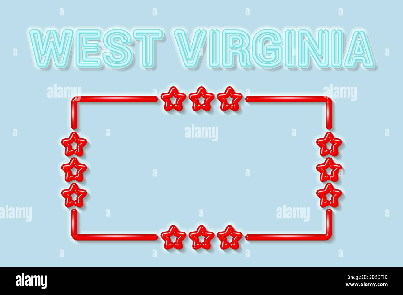 West Virginia US state soft blue neon letters lights off. Glossy red ...