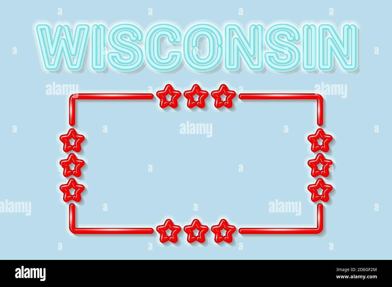 Wisconsin US state soft blue neon letters lights off. Glossy red frame ...