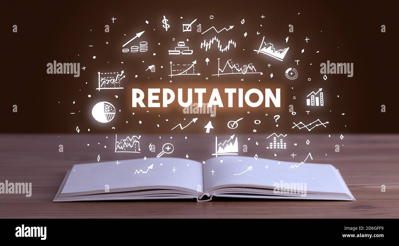 REPUTATION inscription coming out from an open book, business concept ...