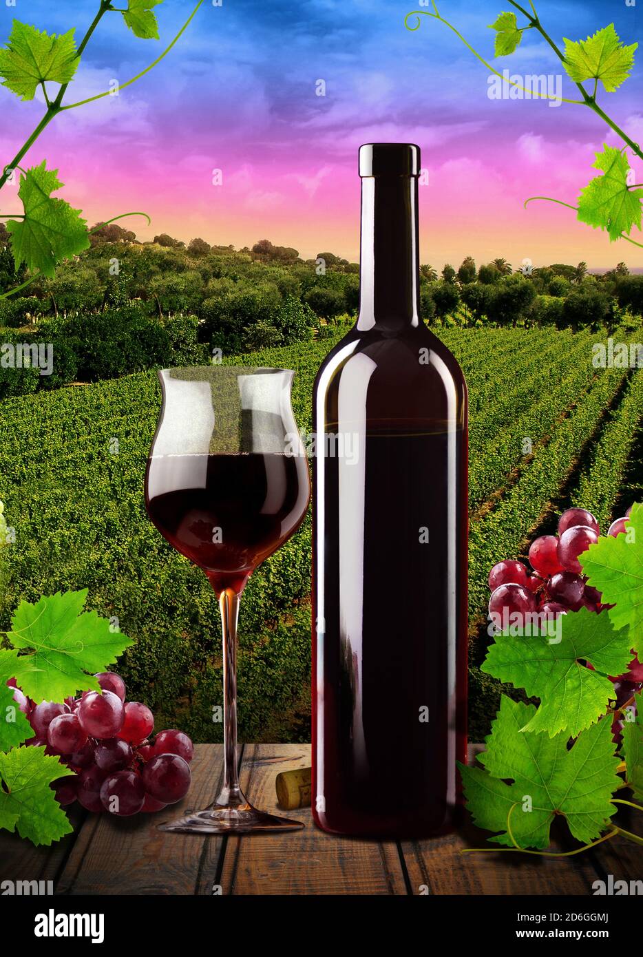 Red wine and grapes on wooden planks in vineyard background Stock Photo ...