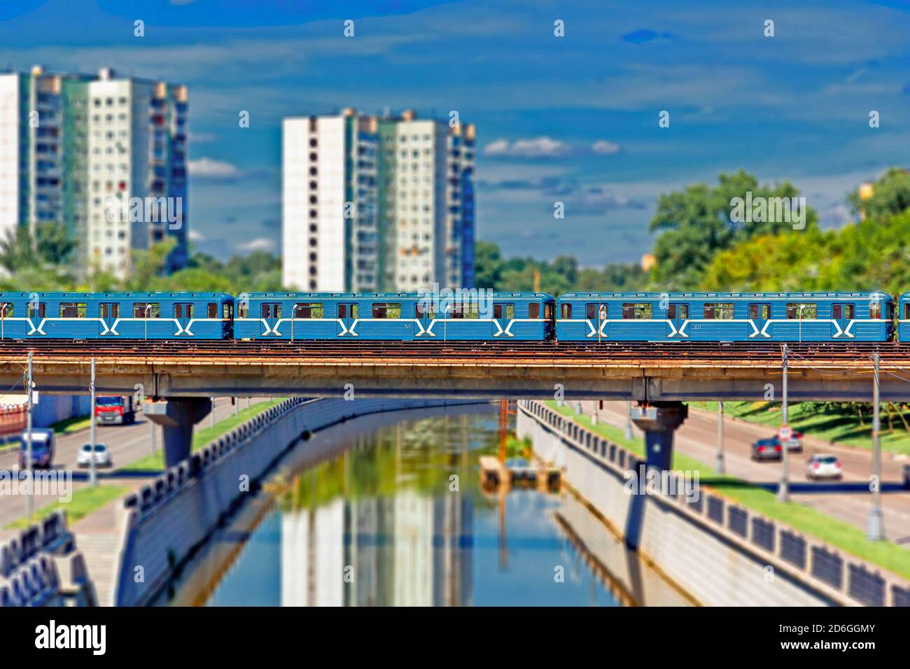 Moscow subway train on the bridge across the Yauza River with tilt ...