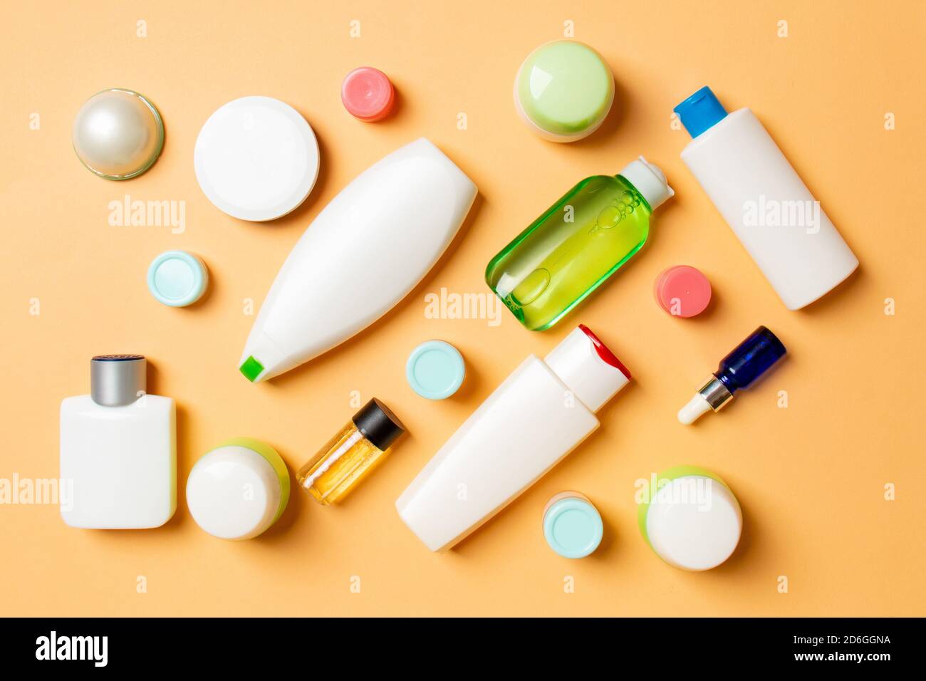 Group of plastic bodycare bottle Flat lay composition with cosmetic ...