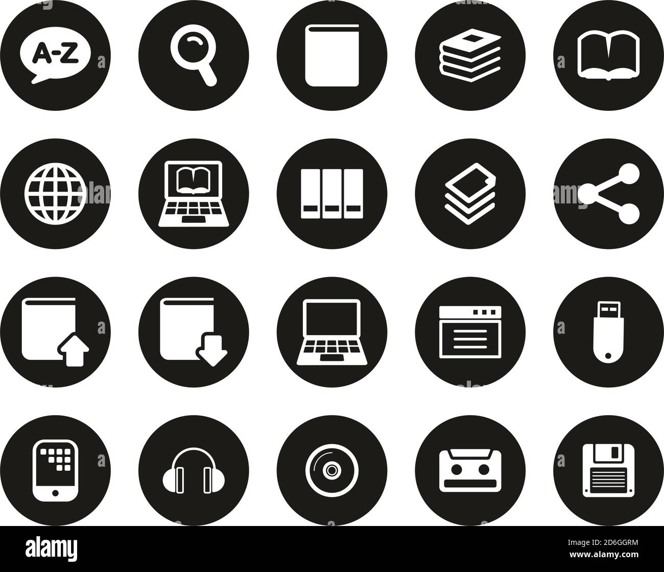 Dictionary or Glossary Icons White On Black Flat Design Circle Set Big ...