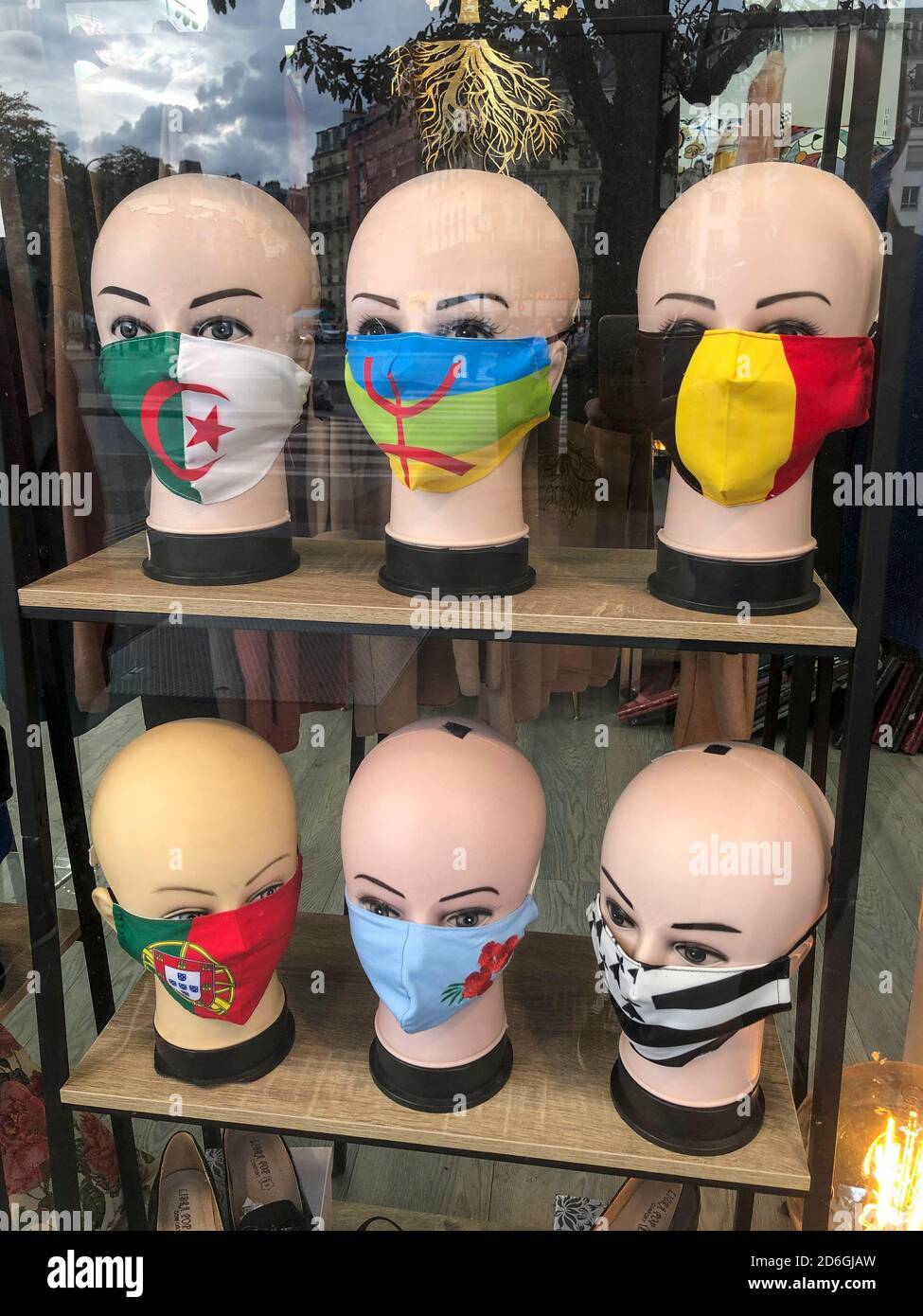 Paris, France, Detail, Store WIndow, with CLoth face Covid Masks on ...