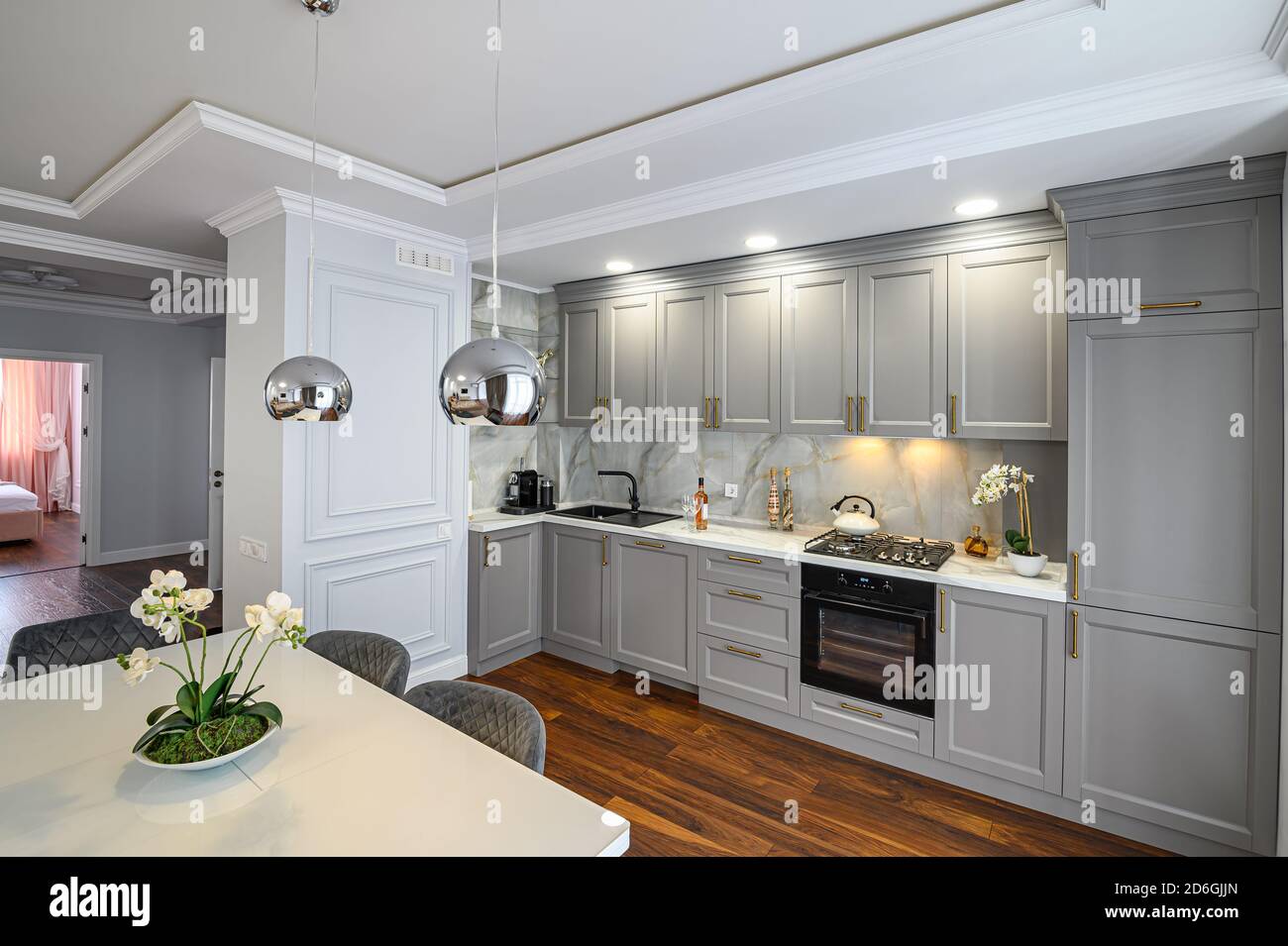 Grey luxury studio kitchen designed in modern style Stock Photo - Alamy