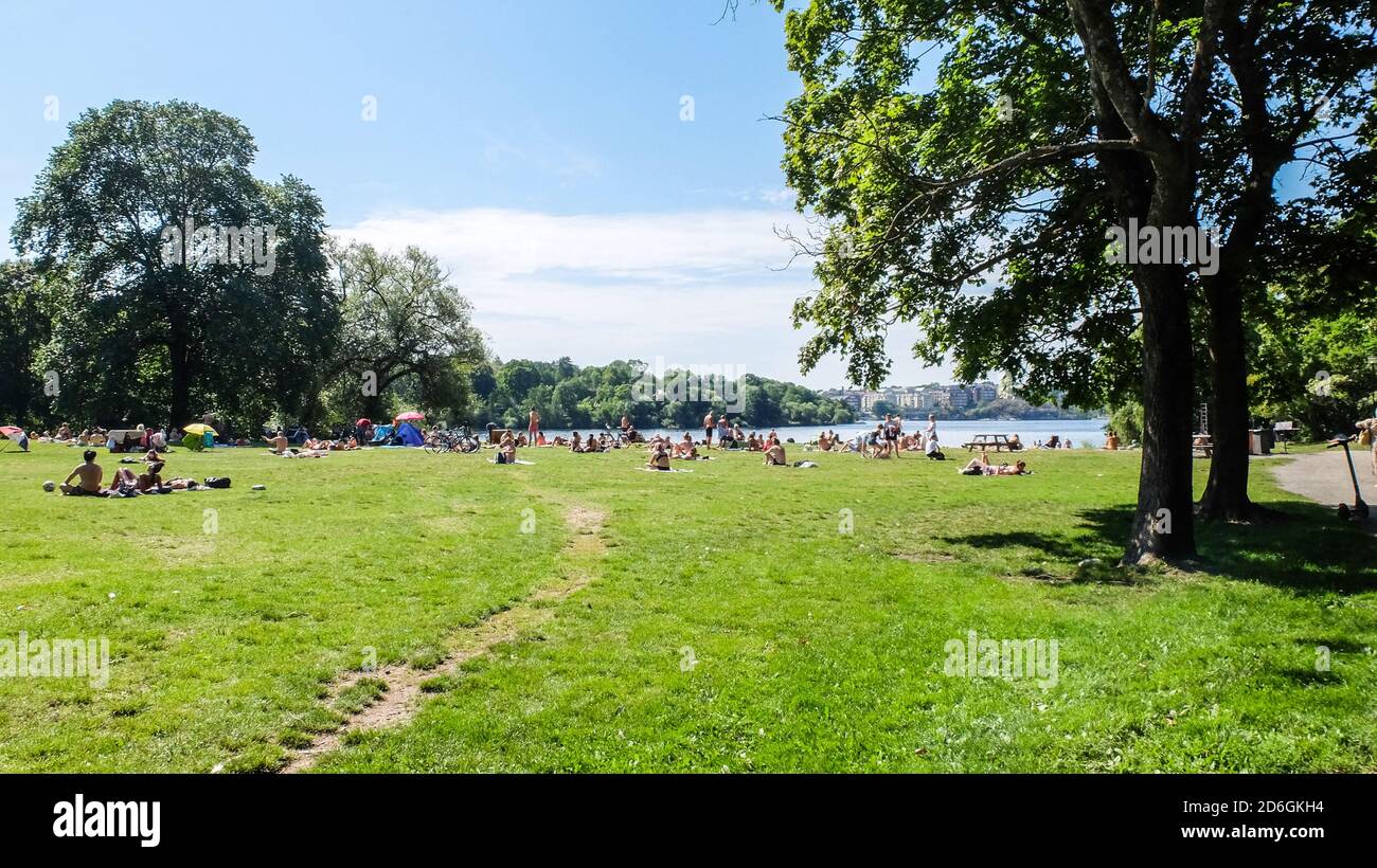 Smedsuddsbadet in Stockholm is a sandy beach and expanse of grass ...