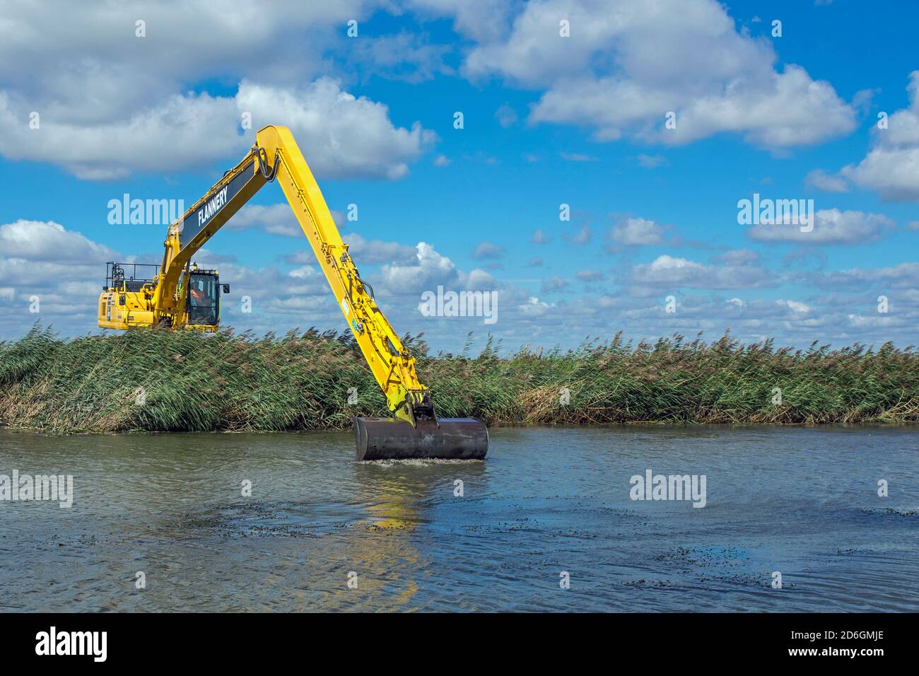 Long reach Komatsu excavator dredging New Bedford River, Cambridgeshire ...