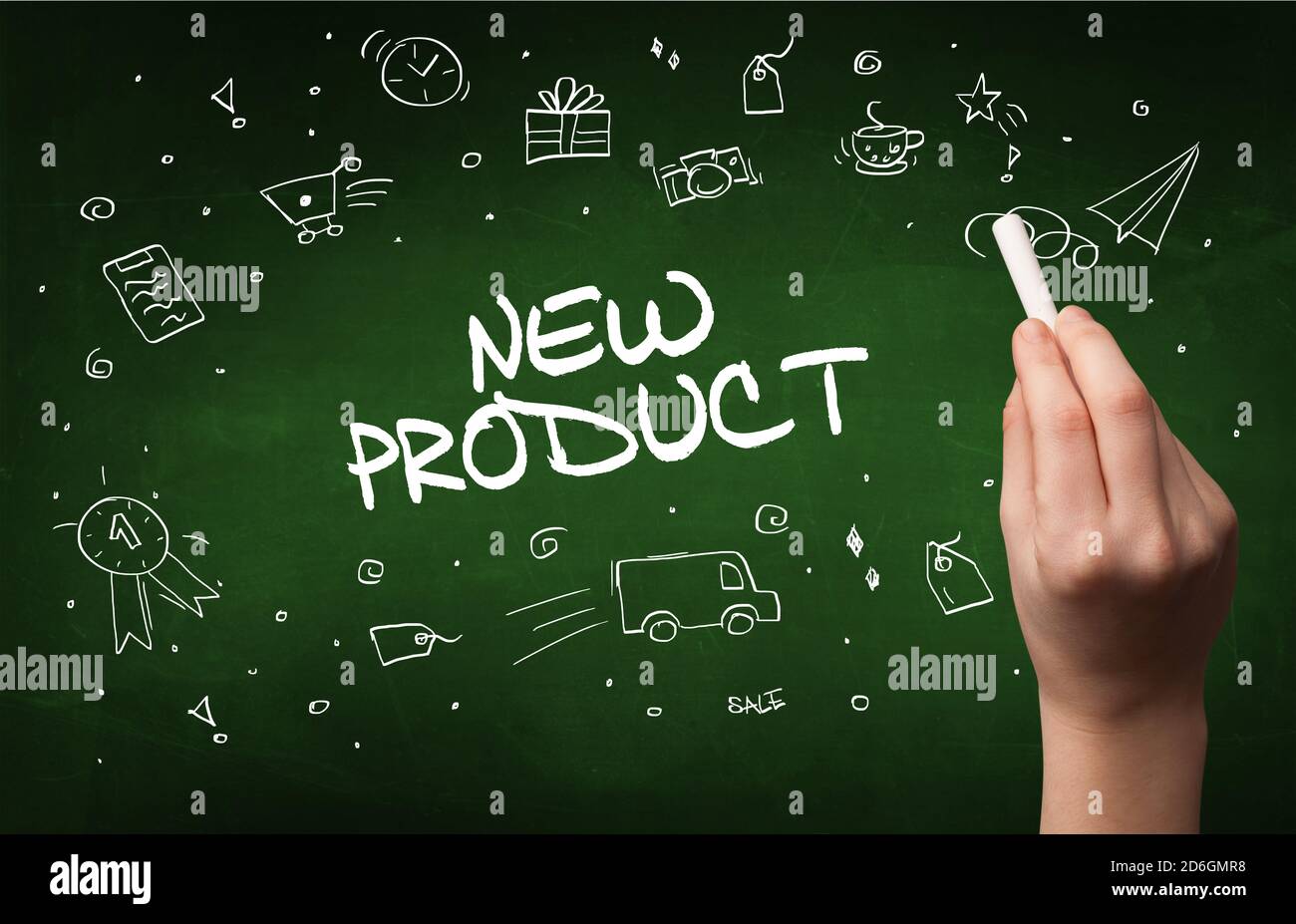 Hand drawing NEW PRODUCT inscription with white chalk on blackboard ...