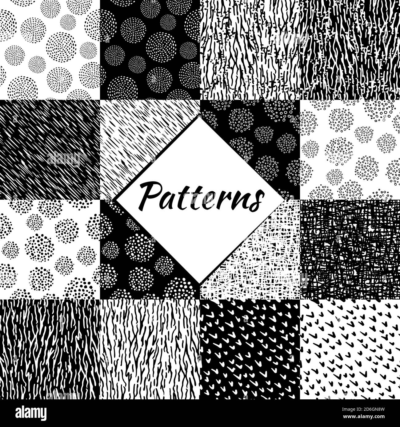 Set of hand-drawn seamless patterns, dots and strokes. Black and white image Stock Vector Image ...