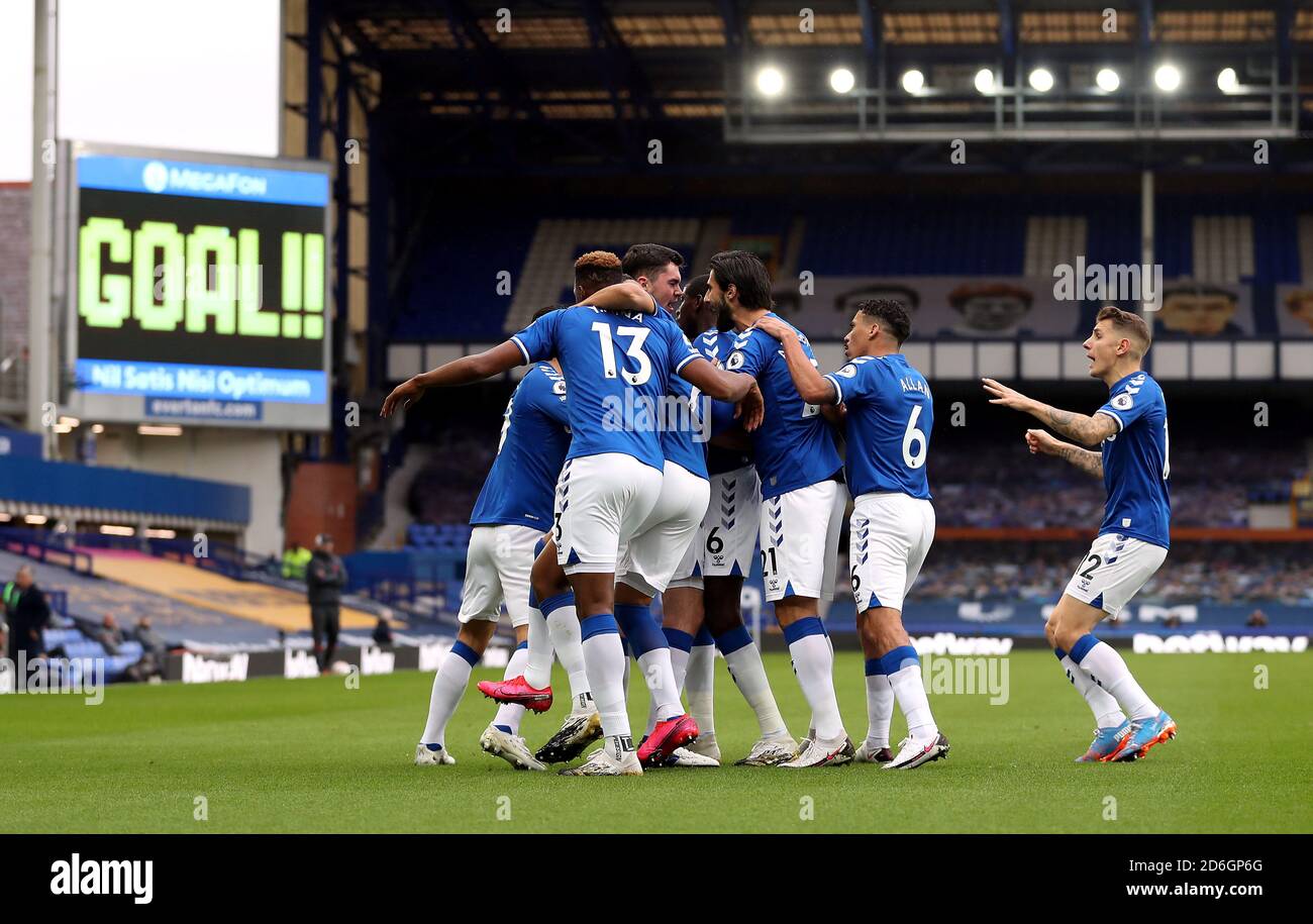 Everton's Michael Keane celebrates scoring his side's first goal of the ...