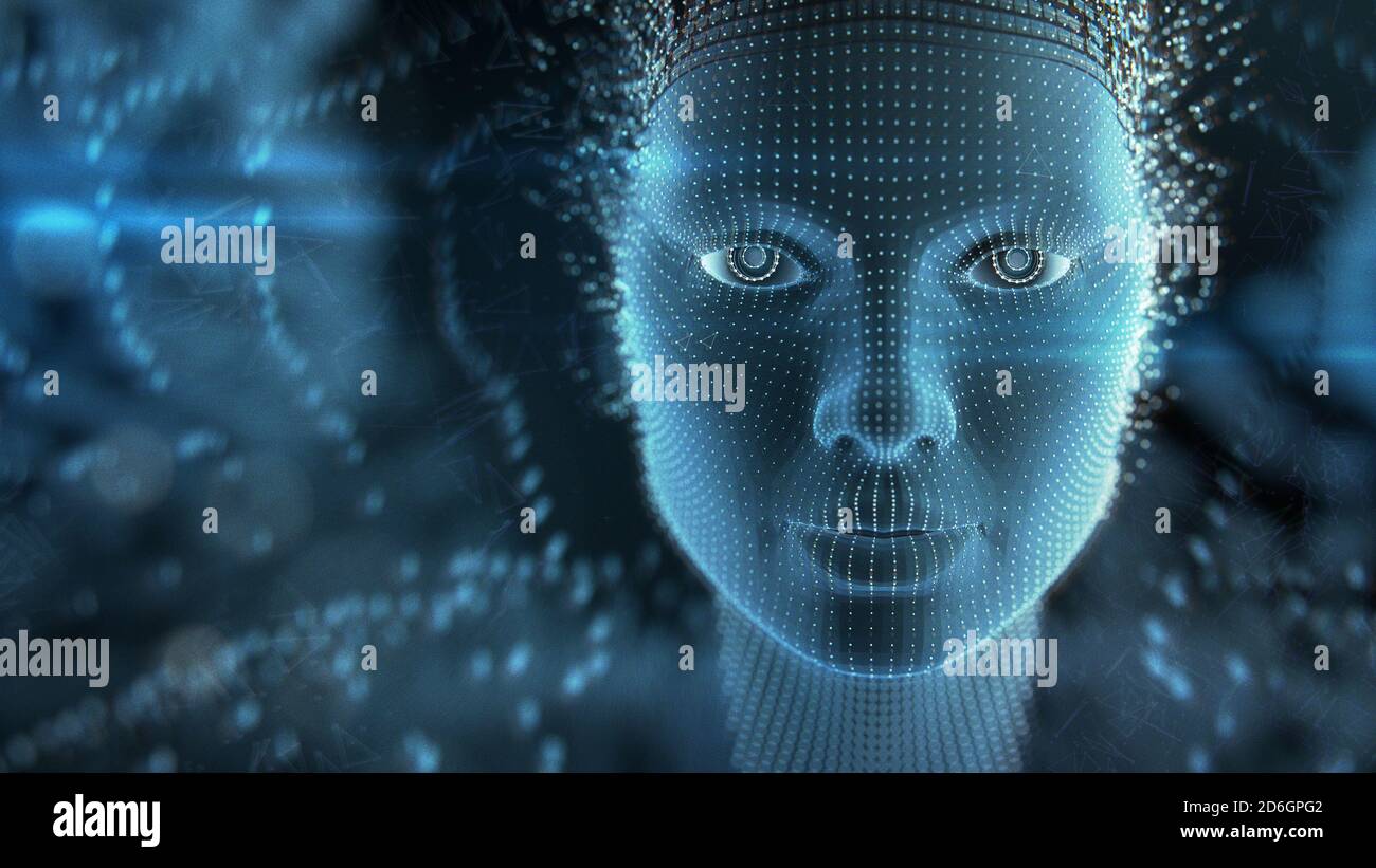 Artificial Intelligence Concept: Dotted Portrait of Female Face Forming ...
