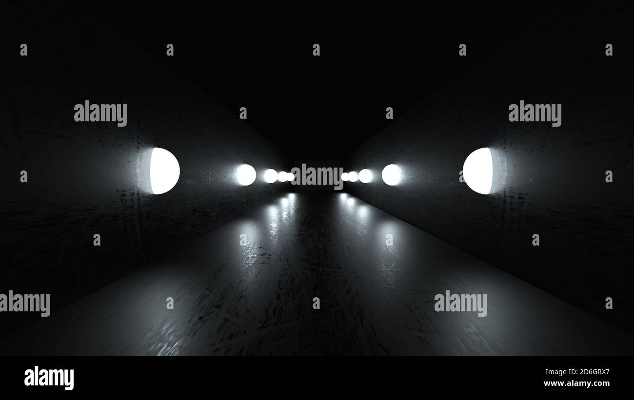 Black mirror space with slippery floor and a row of lights, computer ...