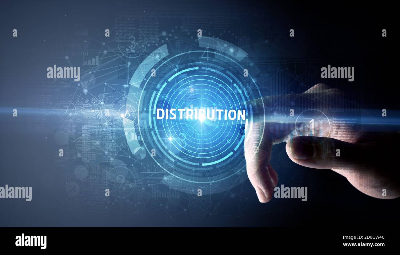 Hand touching DISTRIBUTION button, modern business technology concept ...