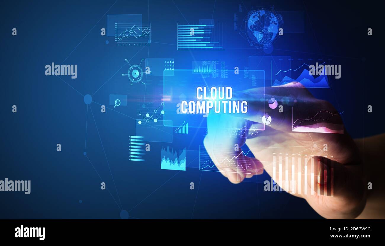 Hand touching CLOUD COMPUTING inscription, new business technology ...