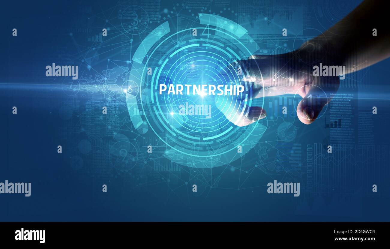 Hand touching PARTNERSHIP button, modern business technology concept ...