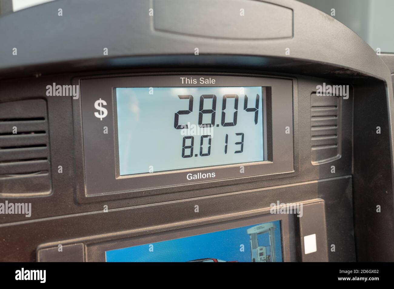 Close-up of gasoline pump showing gas purchase and purchasing price ...