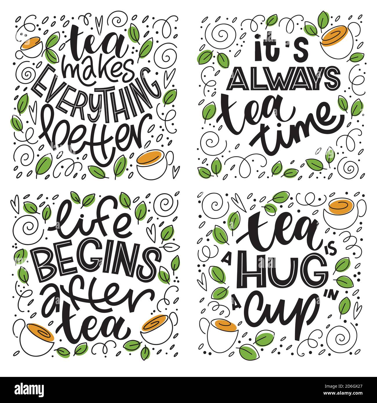Tea quotes typography set. Hand written lettering phrases about tea ...