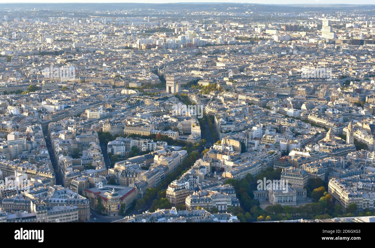 Parisian cityscape at sunset from Eiffel Tower with Arc de Triomphe view. Paris, France Stock ...
