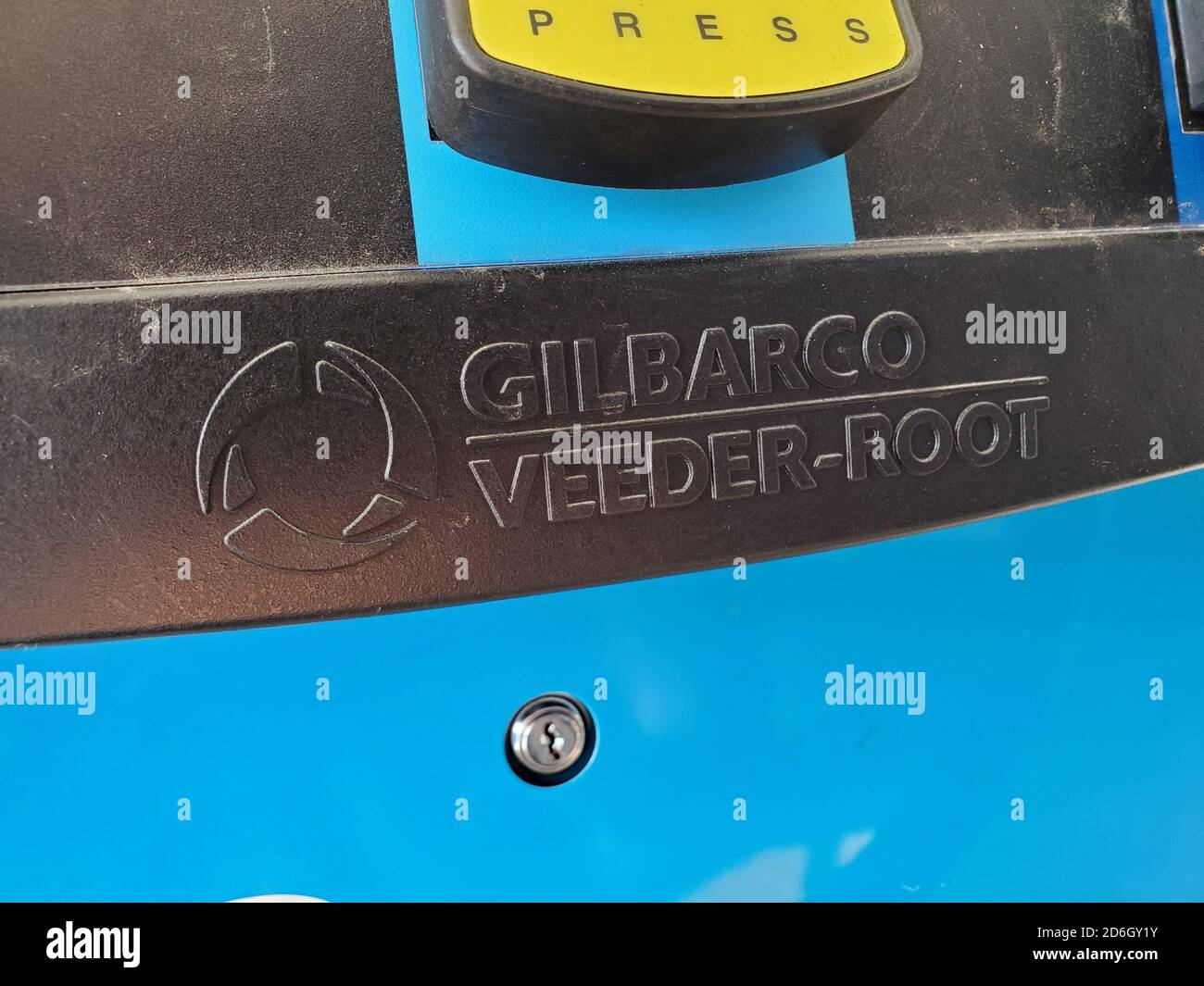 Logo for equipment supplier Gilbarco veeder-root on fuel pump, San ... Logo for equipment supplier Gilbarco veeder-root on fuel pump, San ...