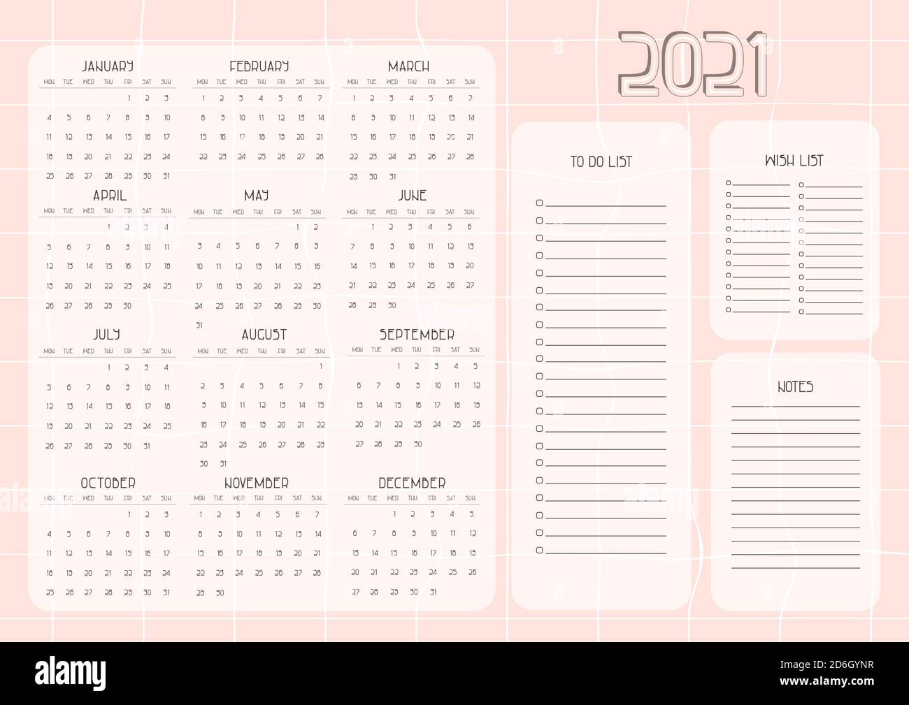 Pink and white dates calendar from January to December from Monday to ...
