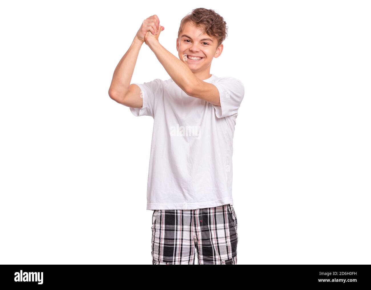 Happy boy showing victory sign isolated on white background Stock Photo ...