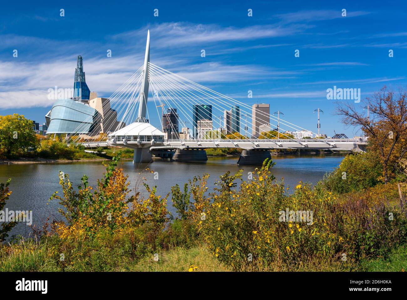 The city skyline with fall foliage color along the Red River, St ...