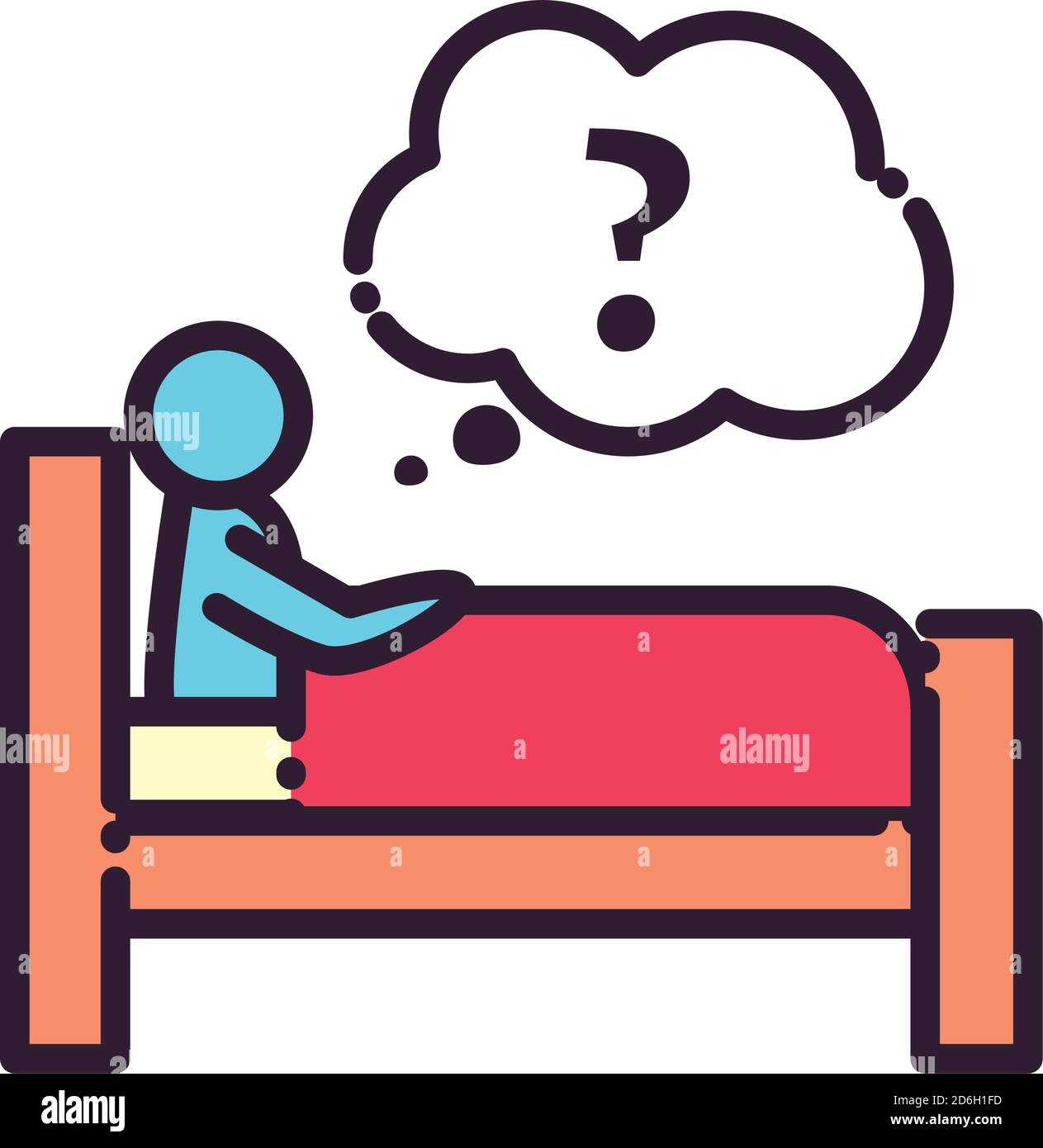 sleeping man on bed with question mark in bubble line and fill style ...