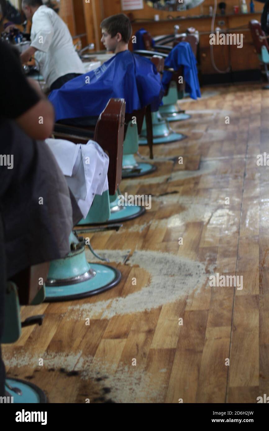 Interior of an old school traditional barbershop with vintage barber ...