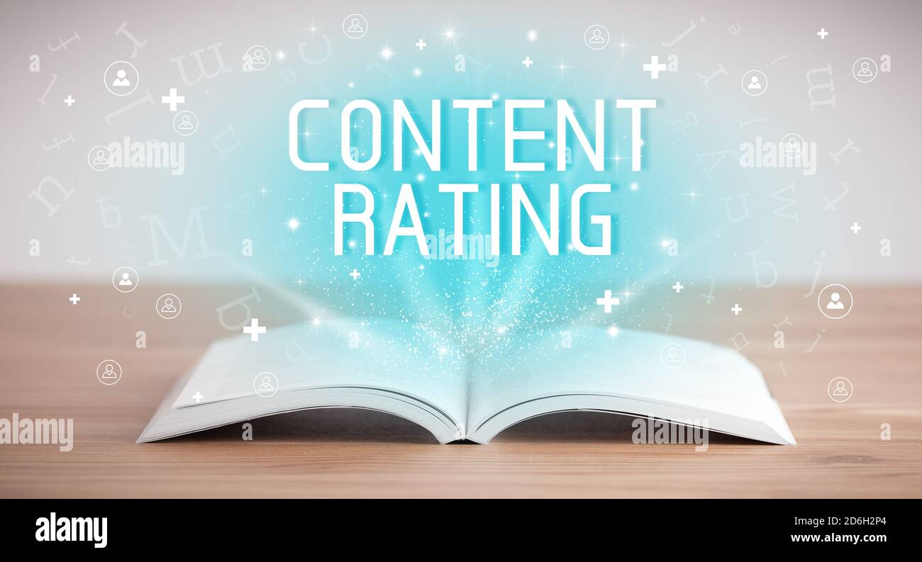 Open book with CONTENT RATING inscription, social media concept Stock ...
