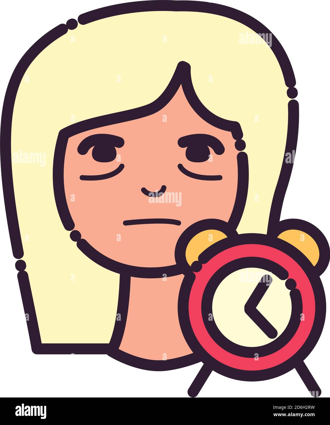 woman cartoon with insomnia and clock line and fill style icon design ...