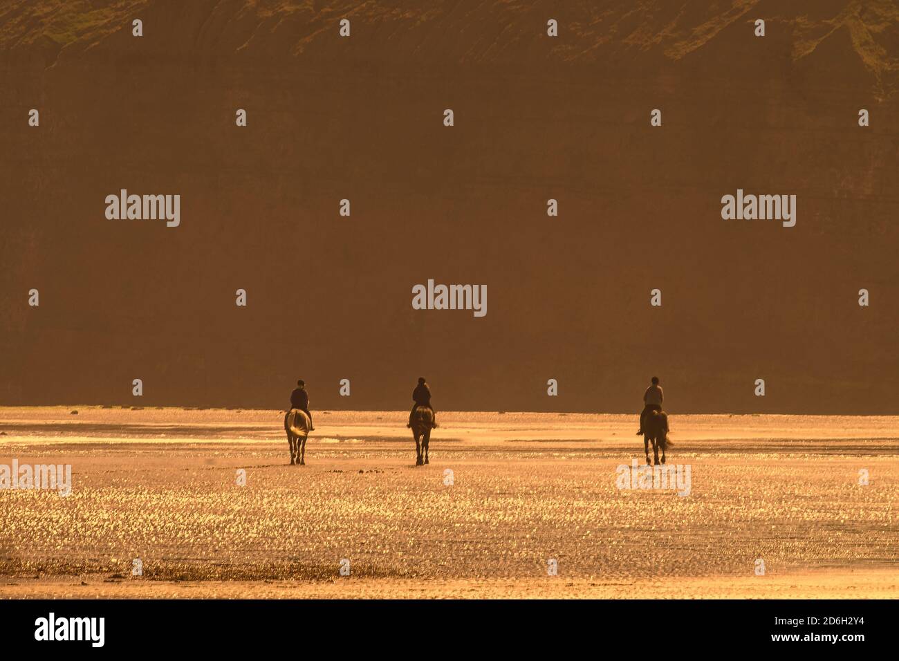 three horse riders at sunset riding towards hunt cliff, saltburn, north ...