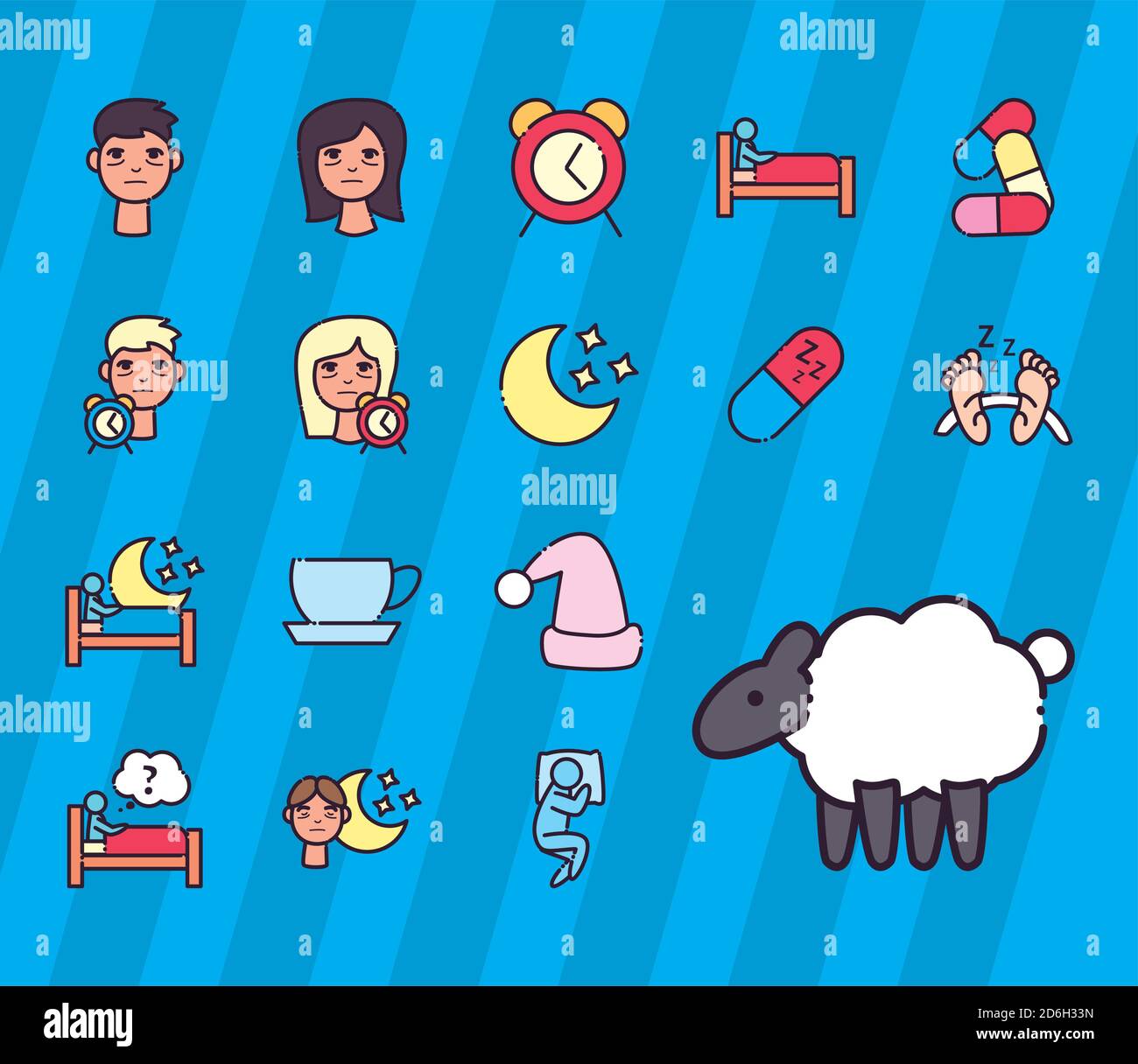 insomnia line and fill style set of icons design, sleep and night theme ...
