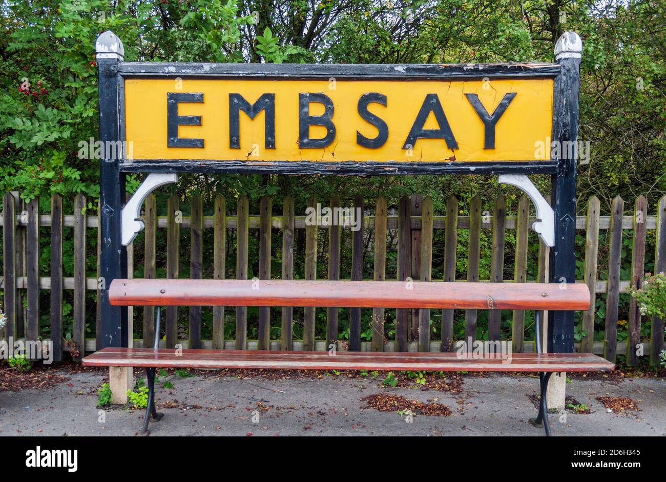 Embsay station sign Stock Photo - Alamy