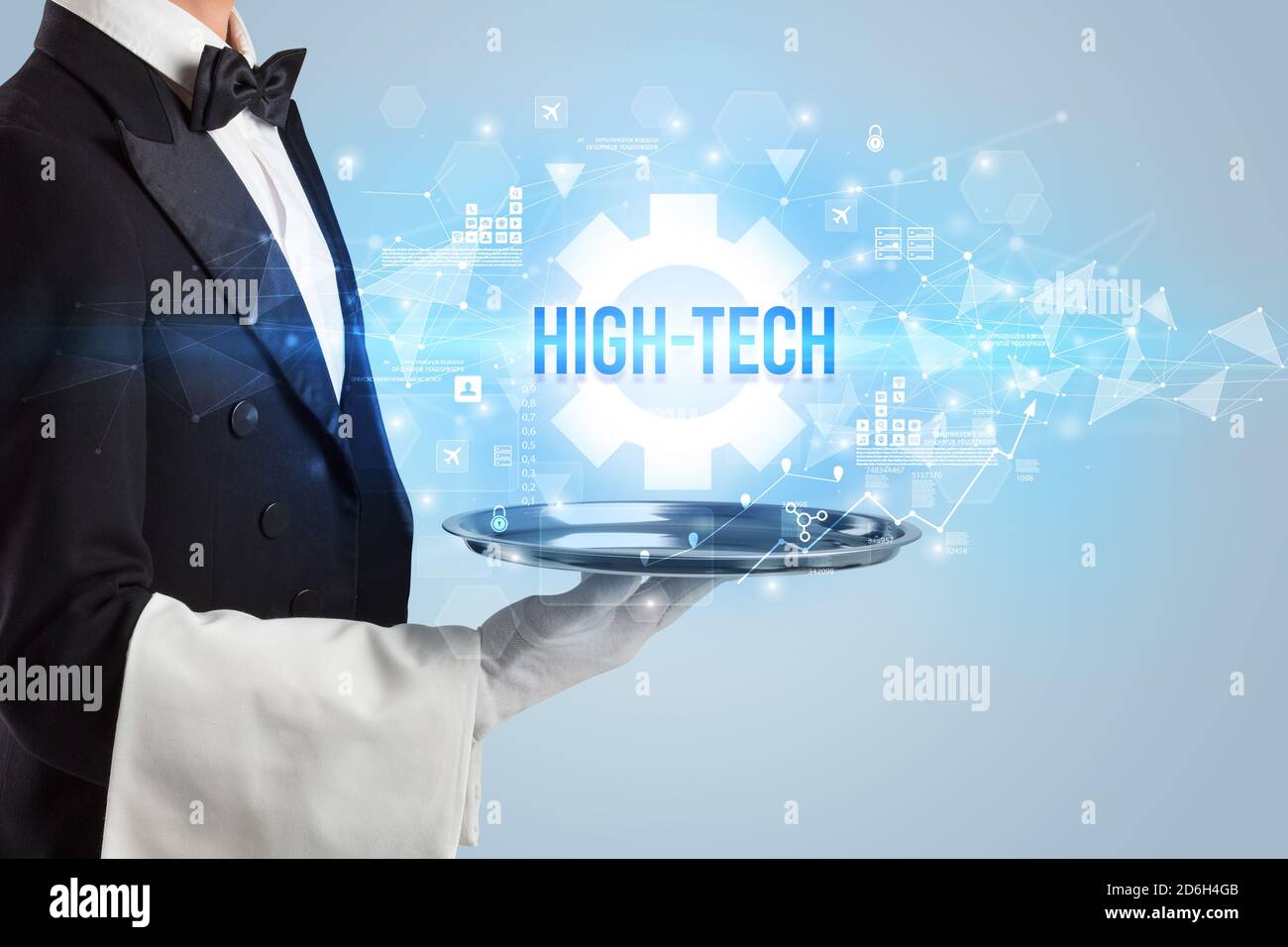 Waiter serving new technology concept with HIGH-TECH inscription Stock ...