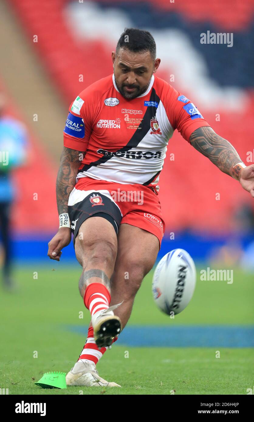 Salford Red Devils' Krisnan Inu kicks a conversion during the Coral ...