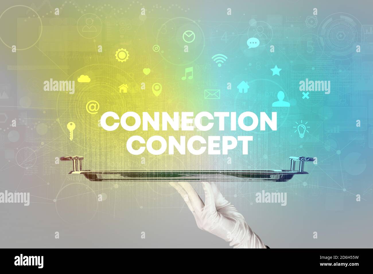 Waiter serving social networking with CONNECTION CONCEPT inscription ...