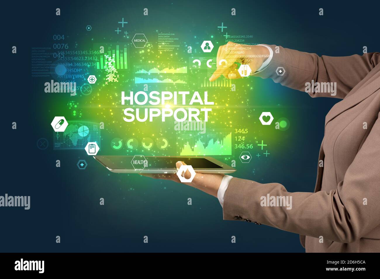 Close-up of a touchscreen with HOSPITAL SUPPORT inscription, medical ...