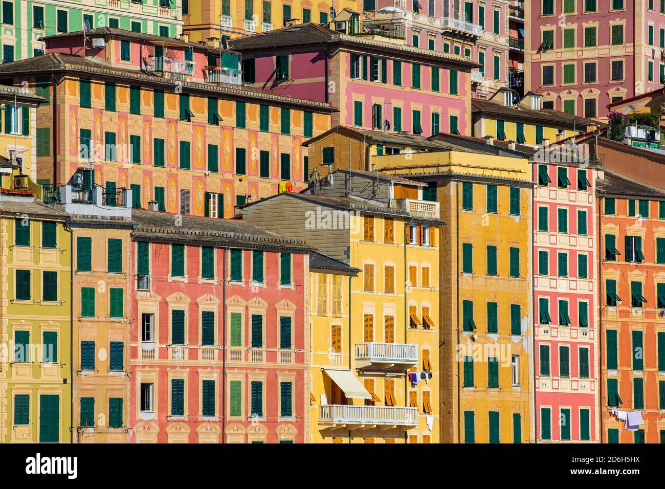Colorful facades of historic buildings in the city of Camogli in Italy ...
